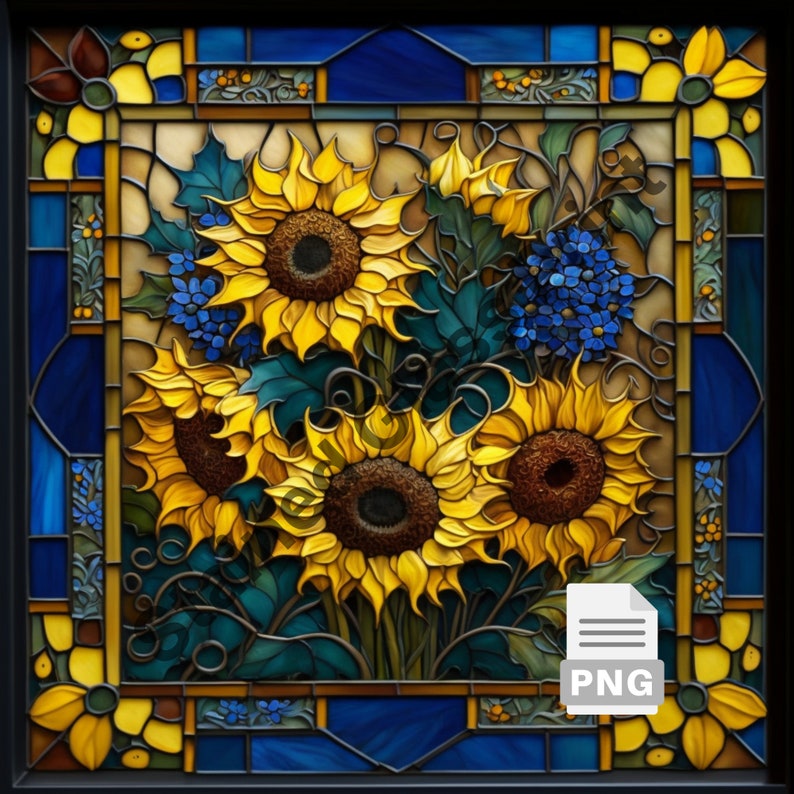 Sunflowers Stained Glass Sublimation PNG, Stained Glass Pattern PNG, T ...
