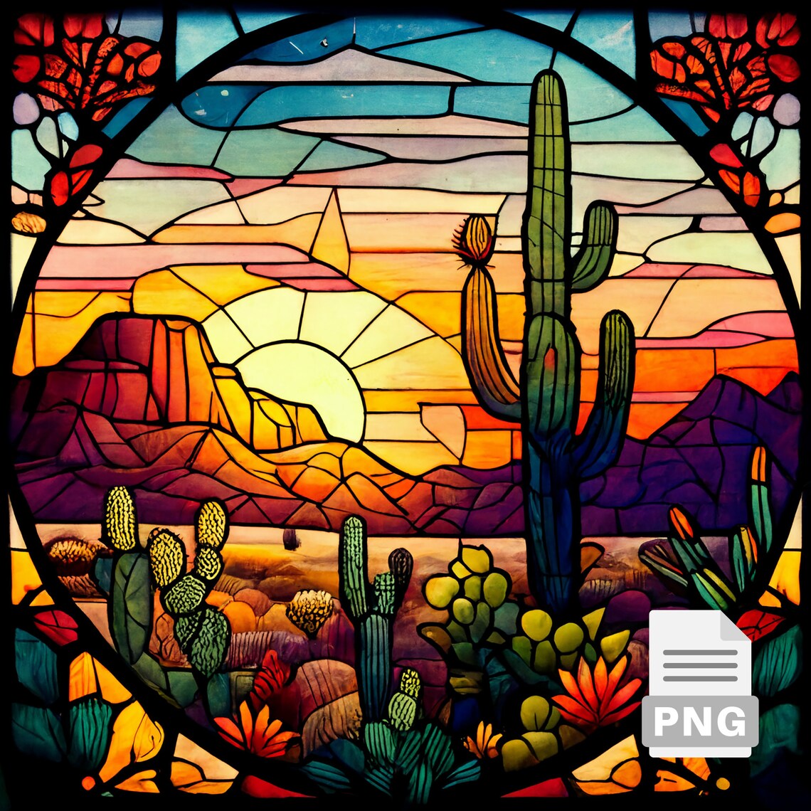 Cactus Desert Stained Glass Sublimation Design High Quality PNG 10inch ...