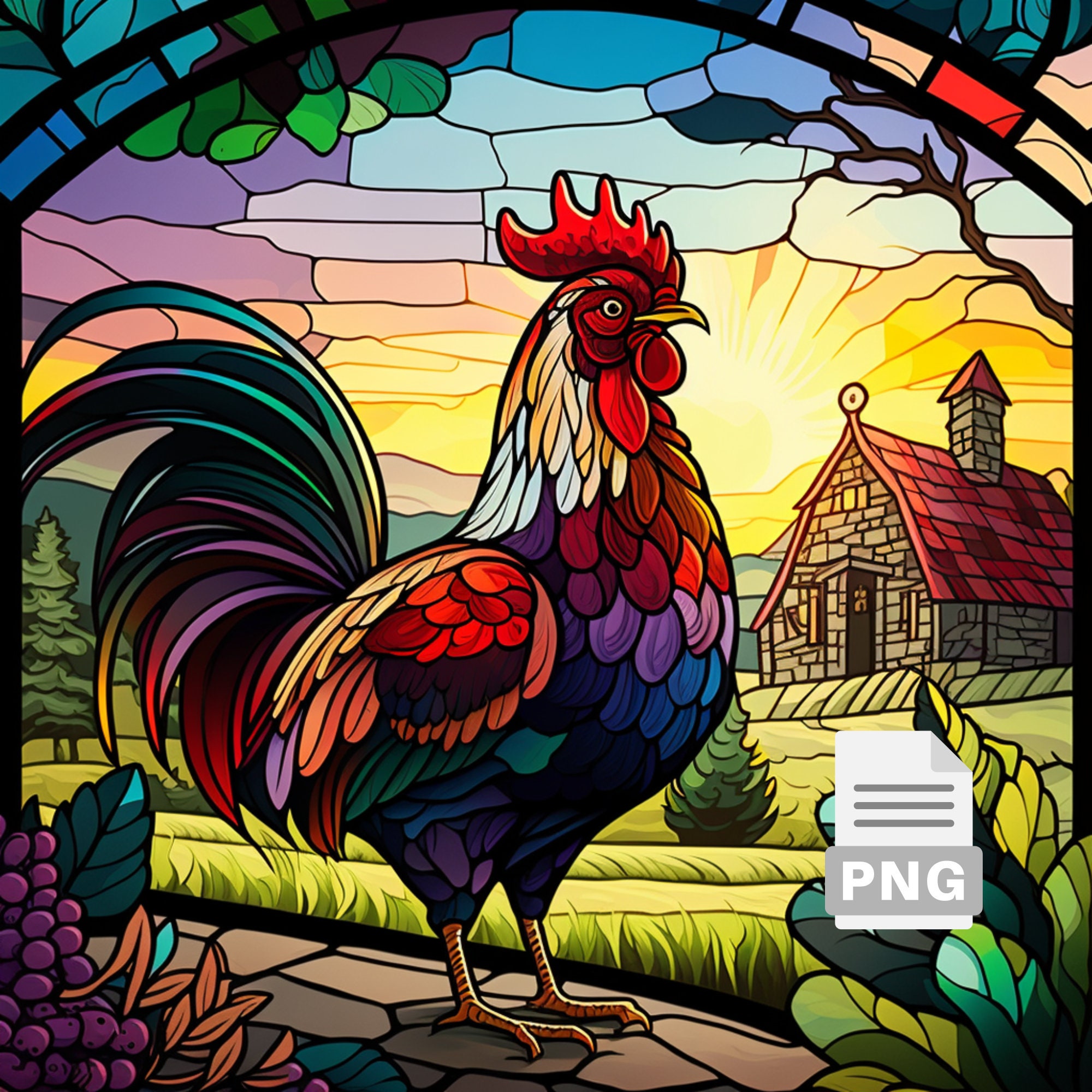 Rooster Stained Glass Pattern Design, Faux Sublimation Stain Glass, T ...