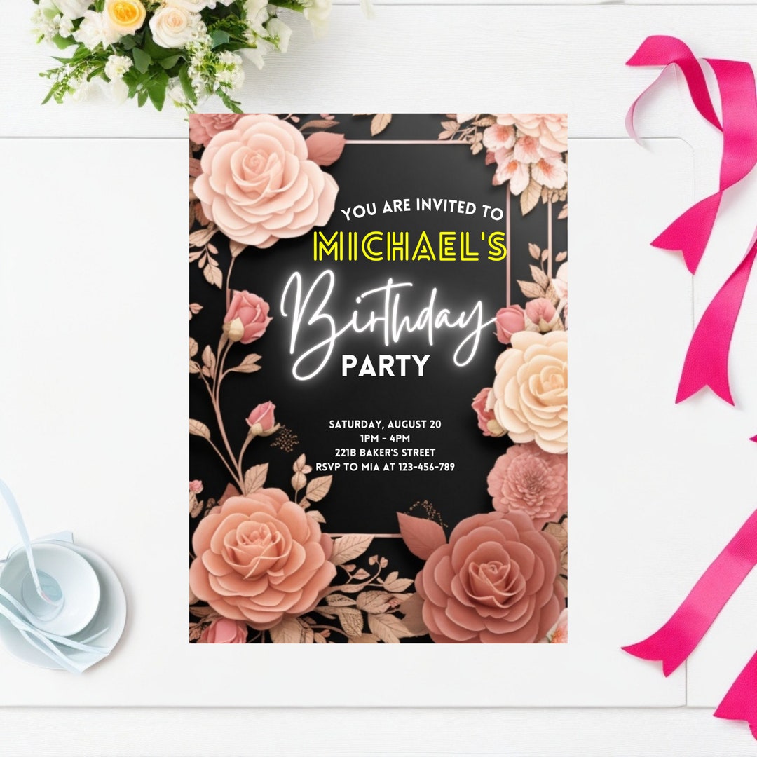 Birthday Invitation Rose Gold Invitation Template Rose Flower ...