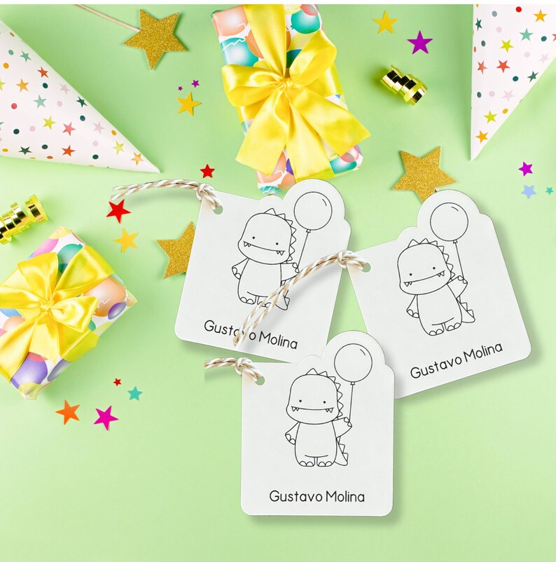 Personalized Balloon Dinosaur Gift Tags- Birthday Tags- Hand-made Gift ...