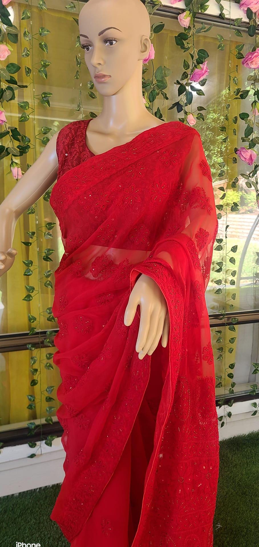 Red Chikankari Hand Embroidery Saree on Georgette With Cutdana and ...