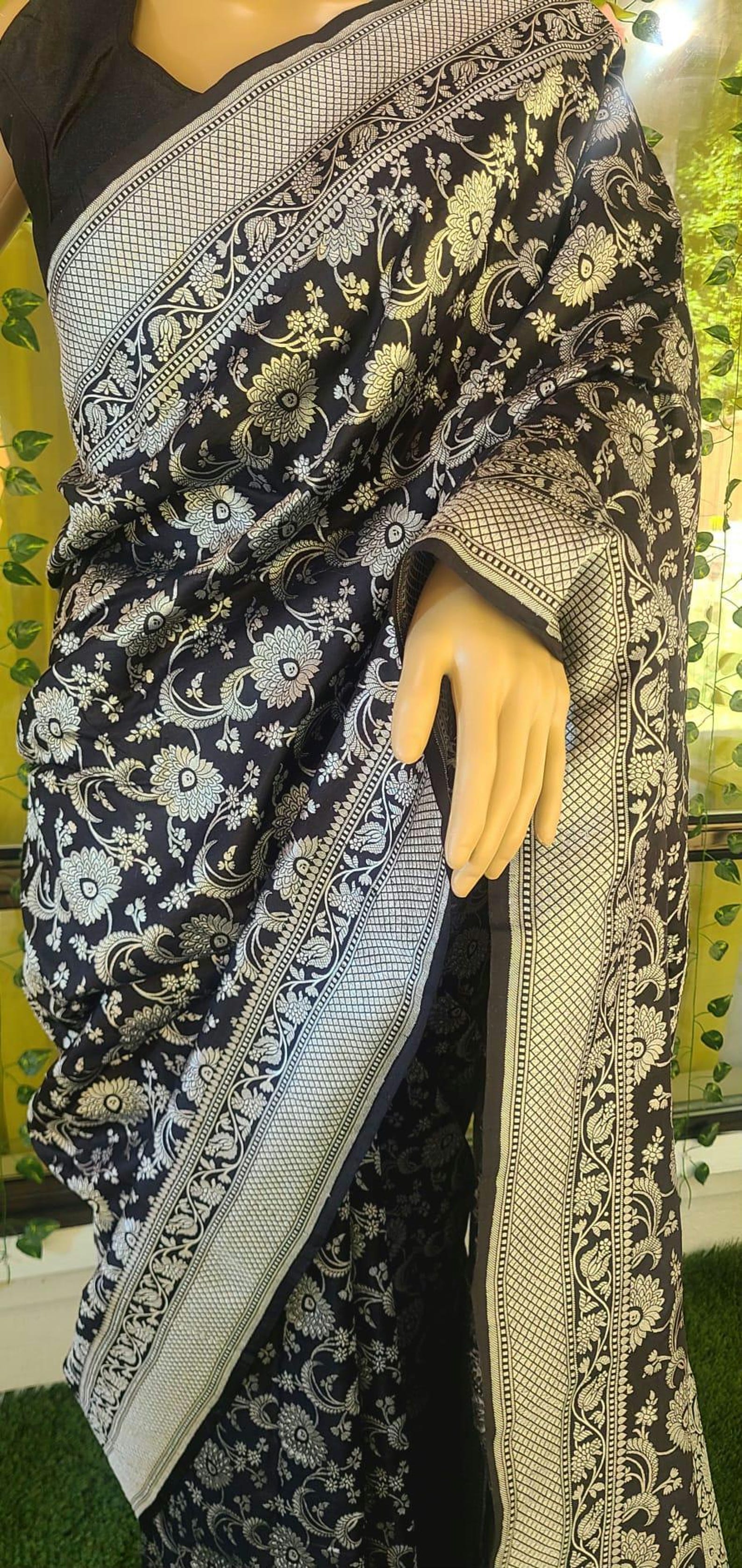 Authentic Black Color Banarasi Floral Jaal Pure Katan Silk Handloom ...