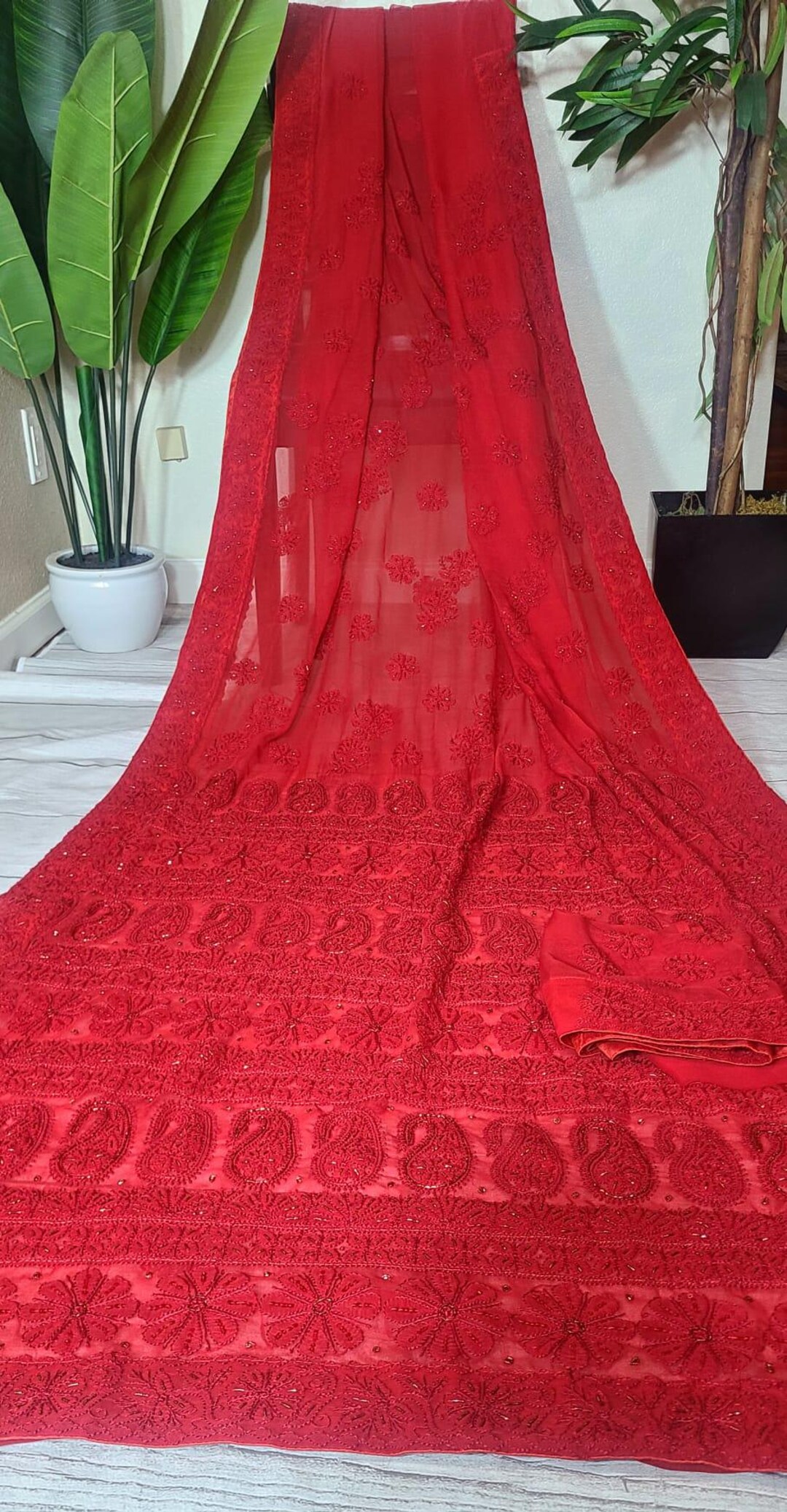 Red Chikankari Hand Embroidery Saree on Georgette With Cutdana and ...
