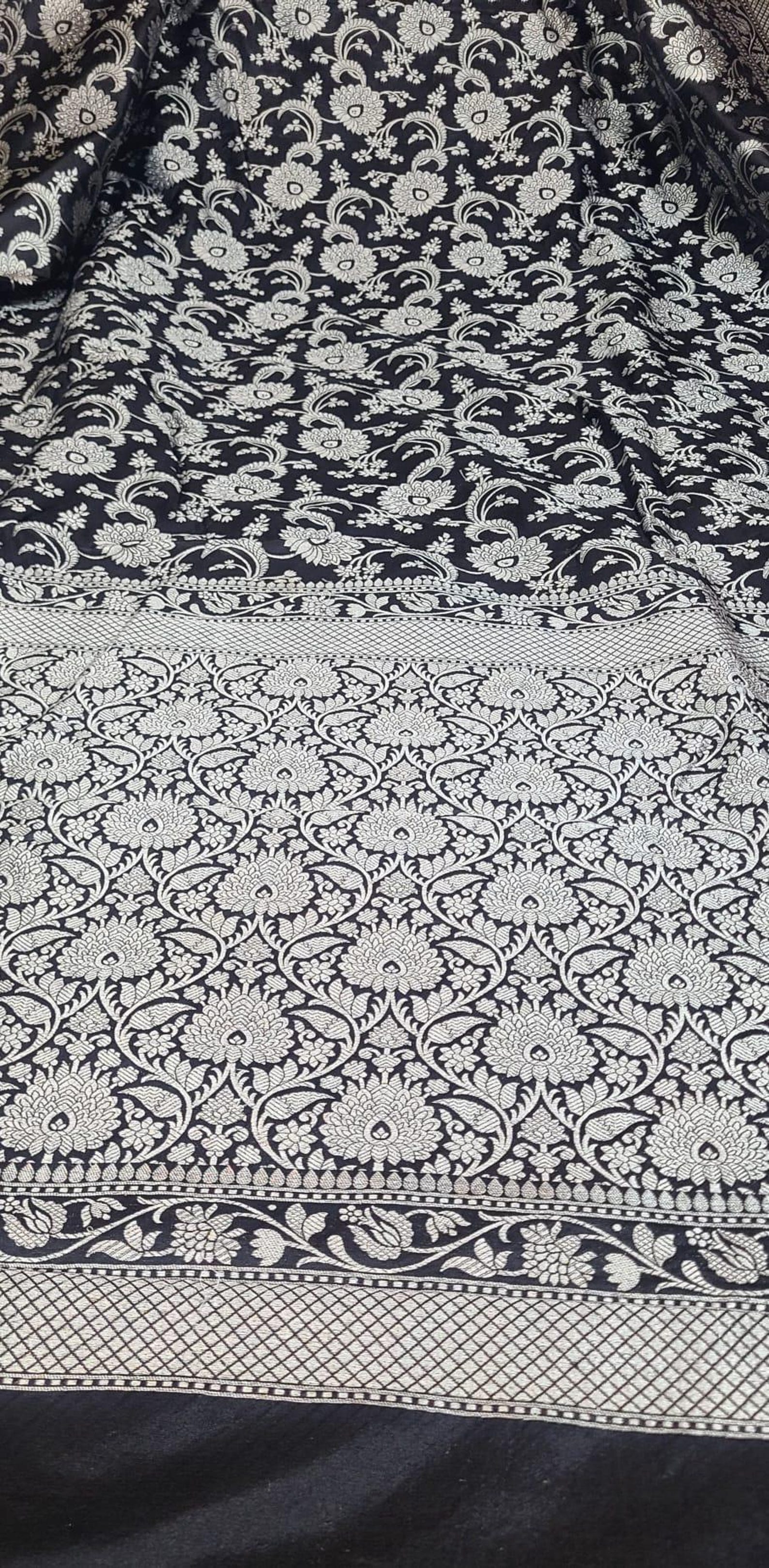 Authentic Black Color Banarasi Floral Jaal Pure Katan Silk Handloom ...