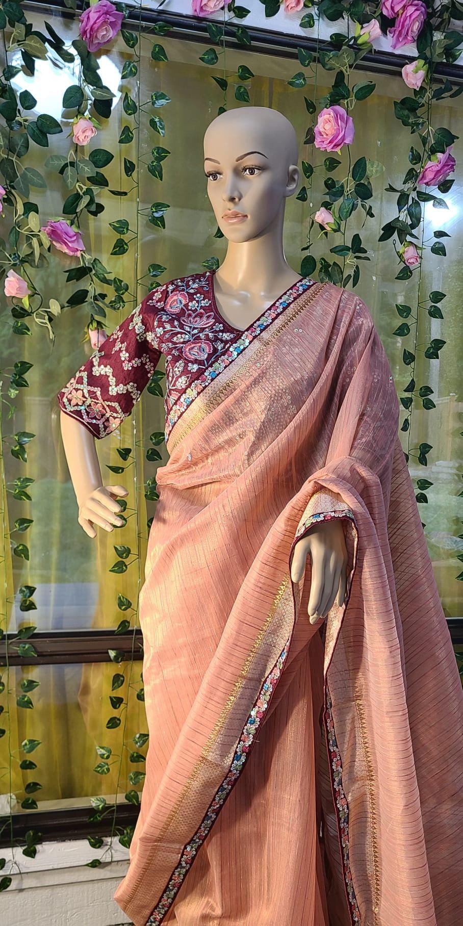 Designer Dark Peach Tissue Saree With Heavy Sequin Stitched Blouse - Etsy