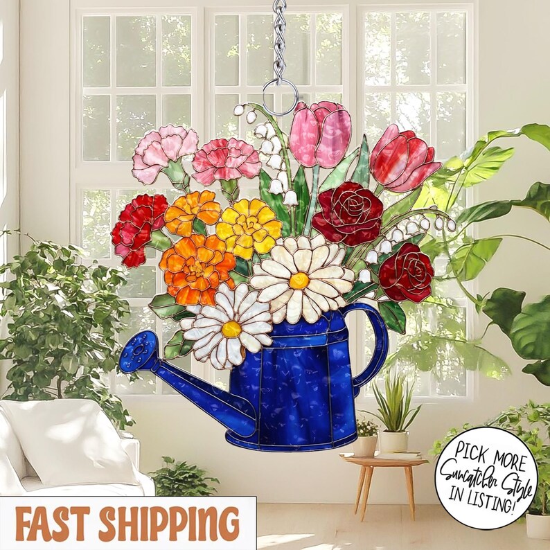 Custom Birth Month Flower Suncatcher, Personalized Watering Can Stained ...