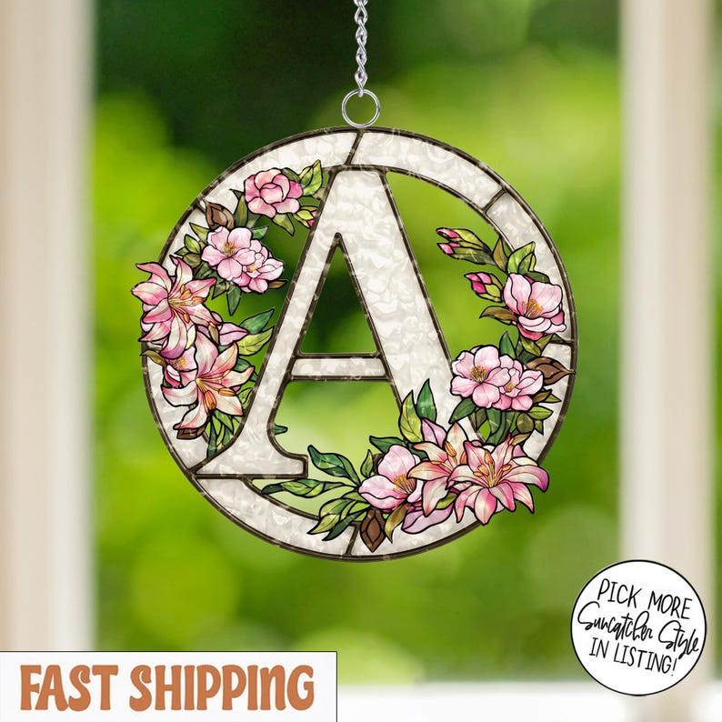 Custom Stained Glass Floral Alphabet Suncatcher, Personalized Window ...