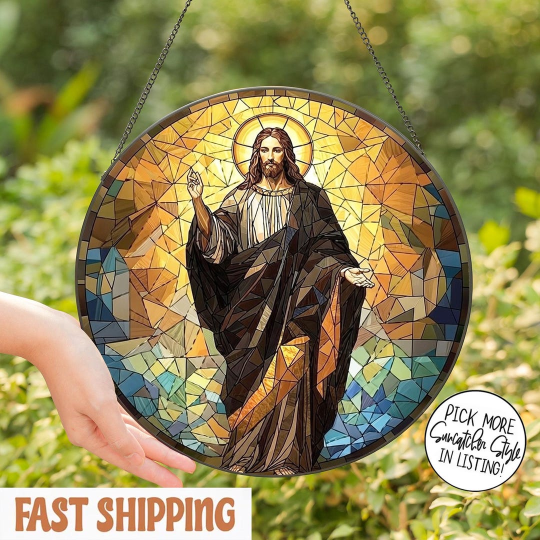 Jesus Christ Suncatcher, Round Christian Stained Glass Window Hanging ...