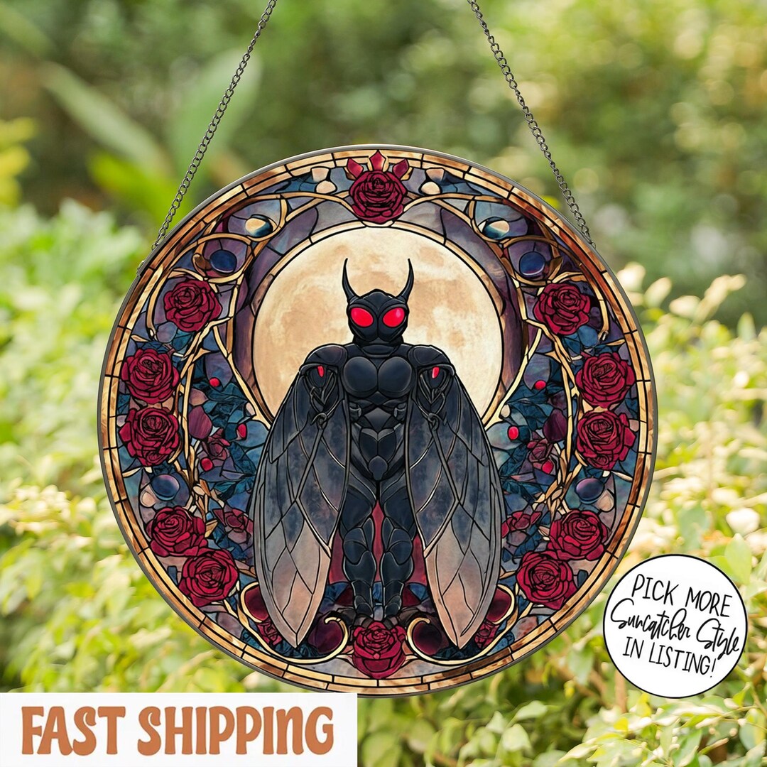 Mothman and Rose Stained Glass Suncatcher, Cryptid Window Hanging Decor ...