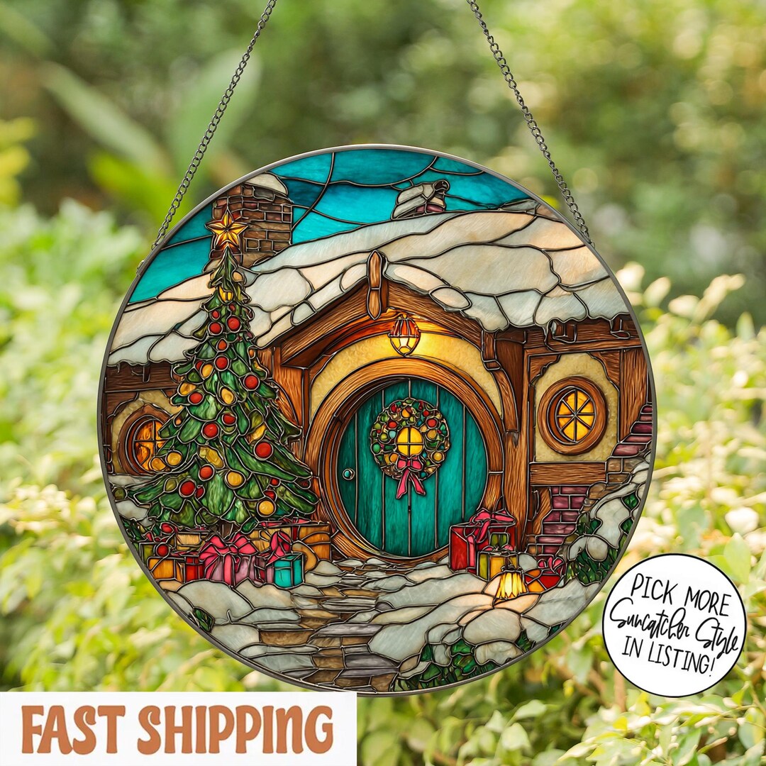 Christmas LOTR Hobbiton Stained Glass Suncatcher, Winter Fantasy ...