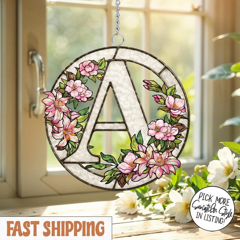 Custom Stained Glass Floral Alphabet Suncatcher, Personalized Window ...