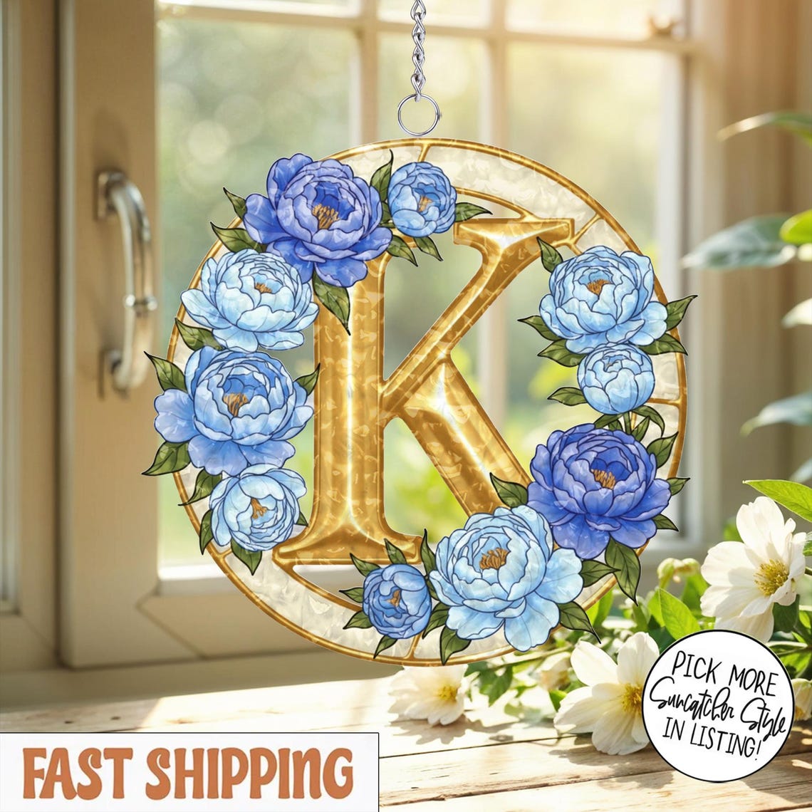 Custom Stained Glass Floral Alphabet Suncatcher, Personalized Window ...