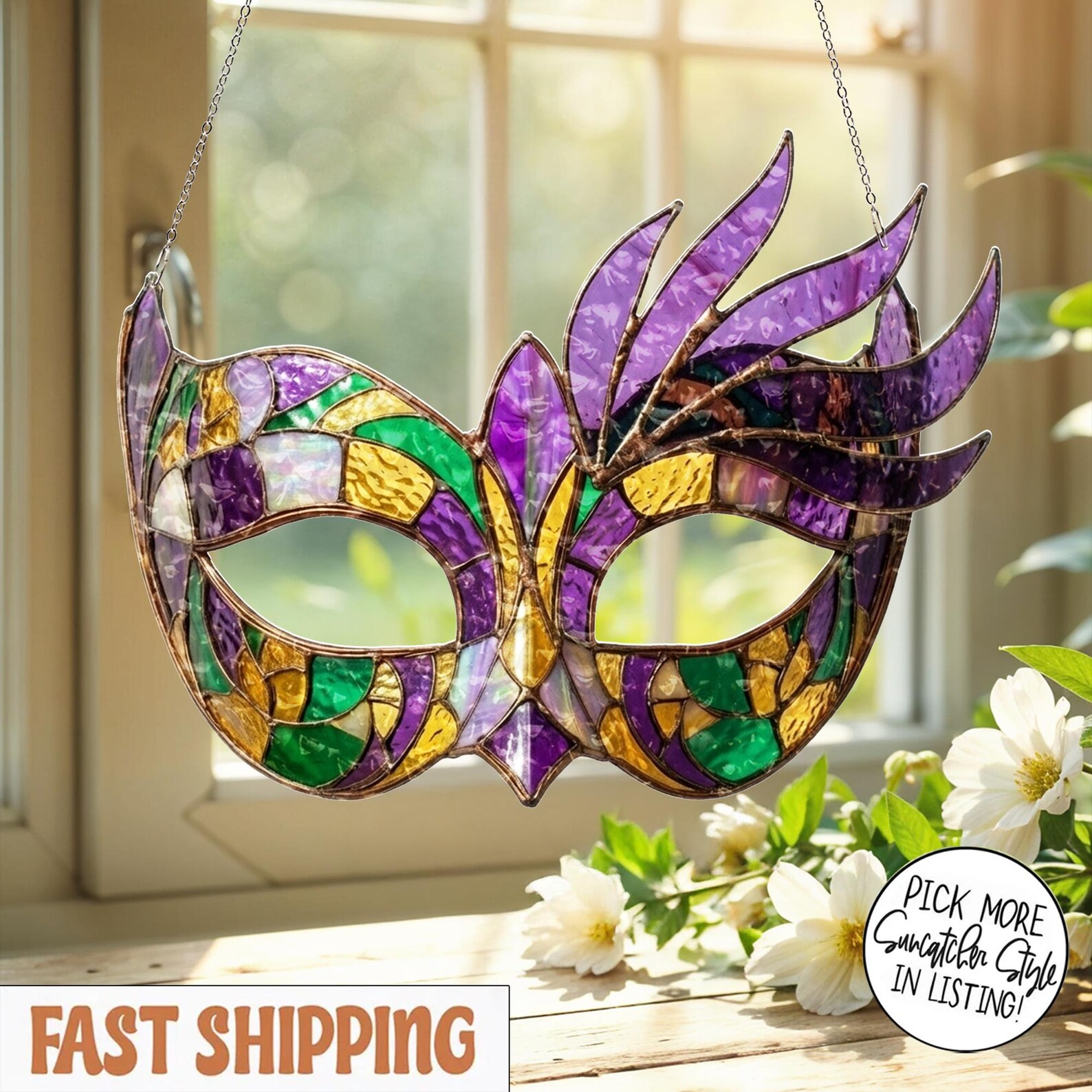 Mardi Gras Decor Window Suncatcher, Purple Green Gold Glitter ...