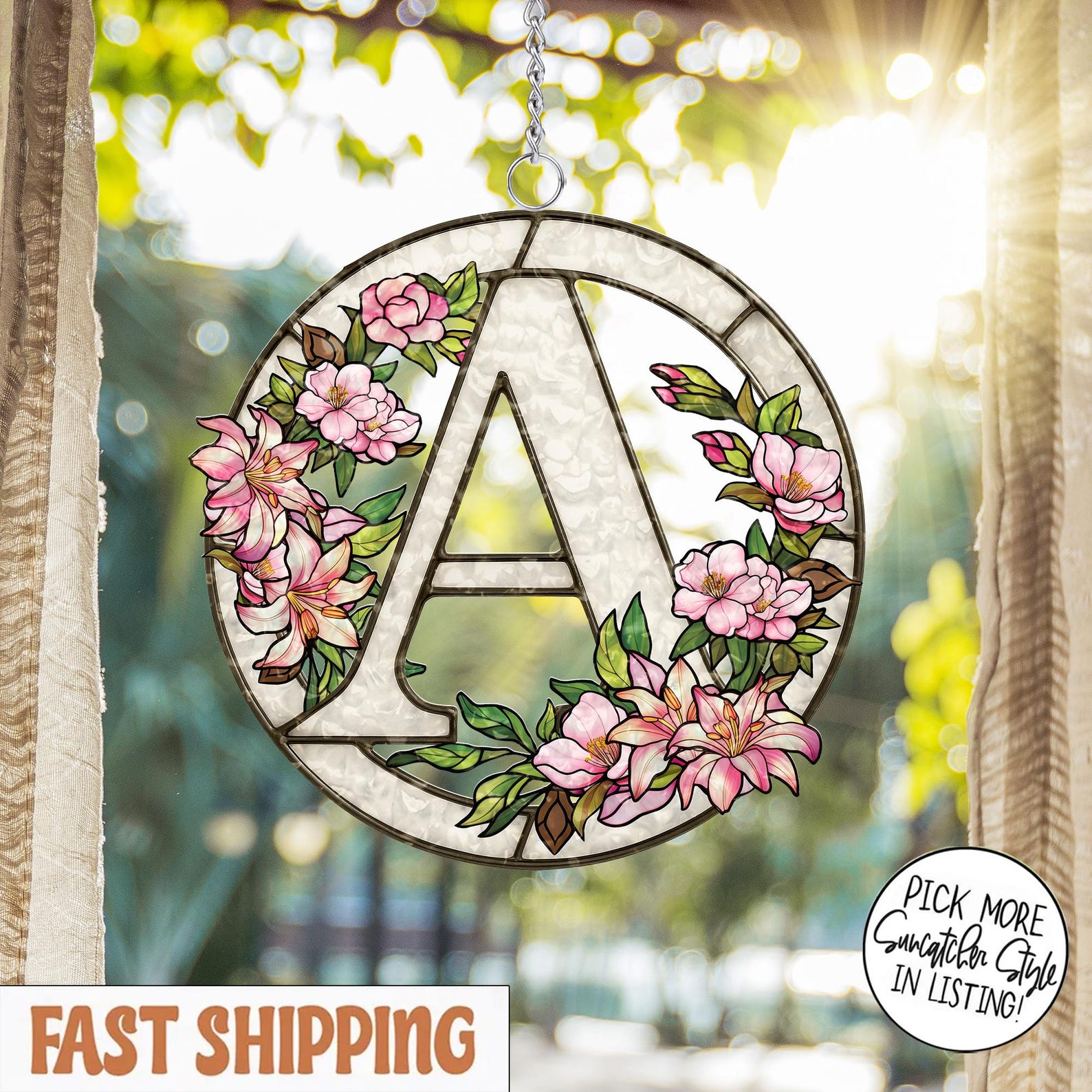 Custom Stained Glass Floral Alphabet Suncatcher, Personalized Window ...