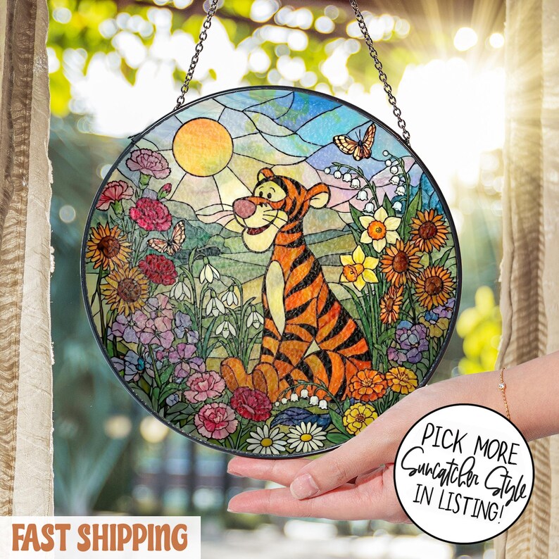 Custom Flower Disney Tigger Stained Glass Suncatcher, Spring Garden ...