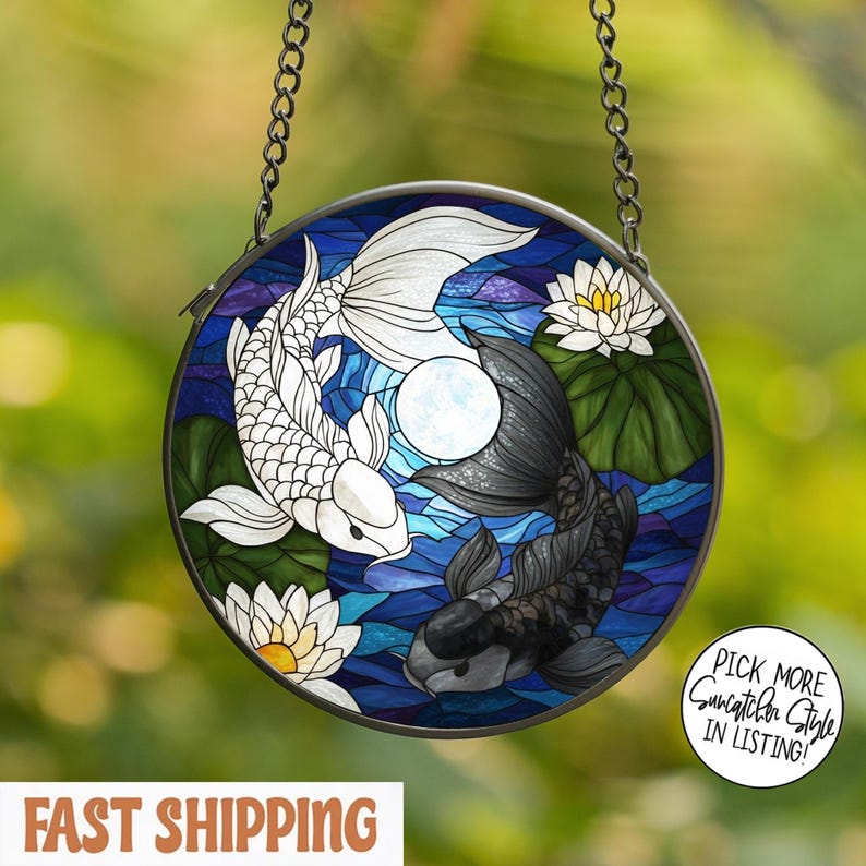 Koi Fish Moon Stained Glass Suncatcher, Japanese Window Decor, Aquatic ...