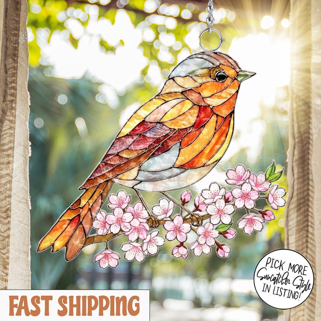 Faux Stained Glass Robin Suncatcher, American Robin Cherry Blossom ...