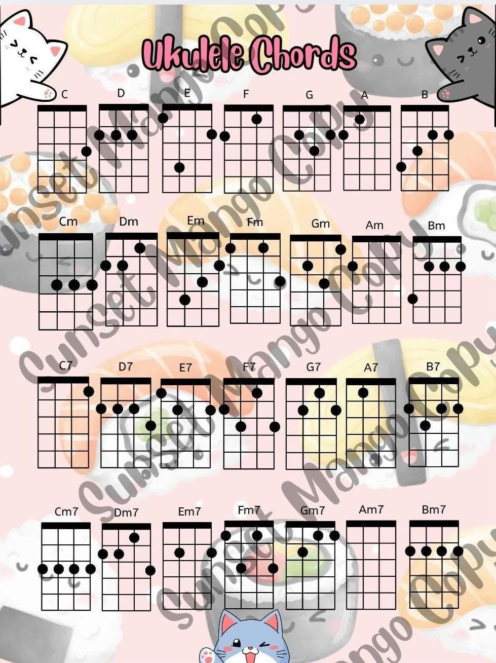 Kitty Sushi Ukulele Chord Chart, Printable Practice Aid (digital ...