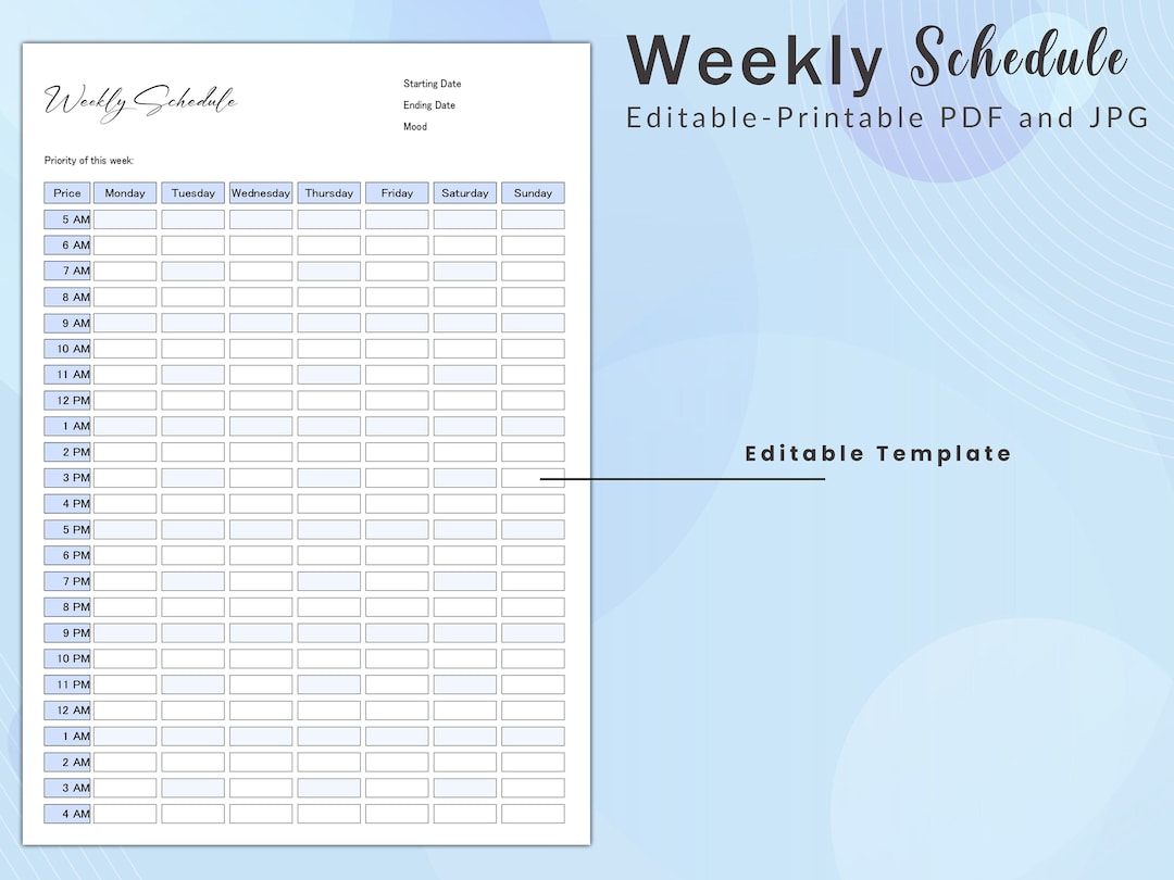 Editable Weekly Schedule, Weekly Schedule Template, Weekly Schedule ...