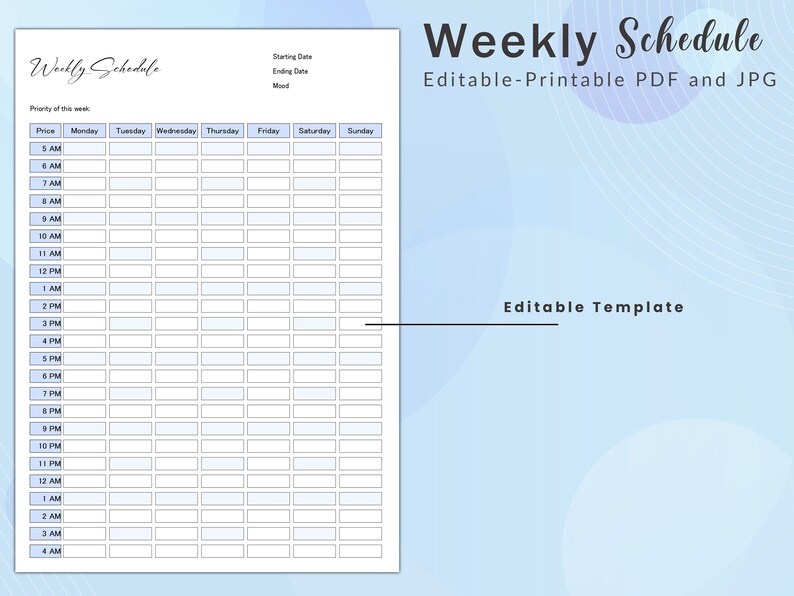 Editable Weekly Schedule, Weekly Schedule Template, Weekly Schedule ...