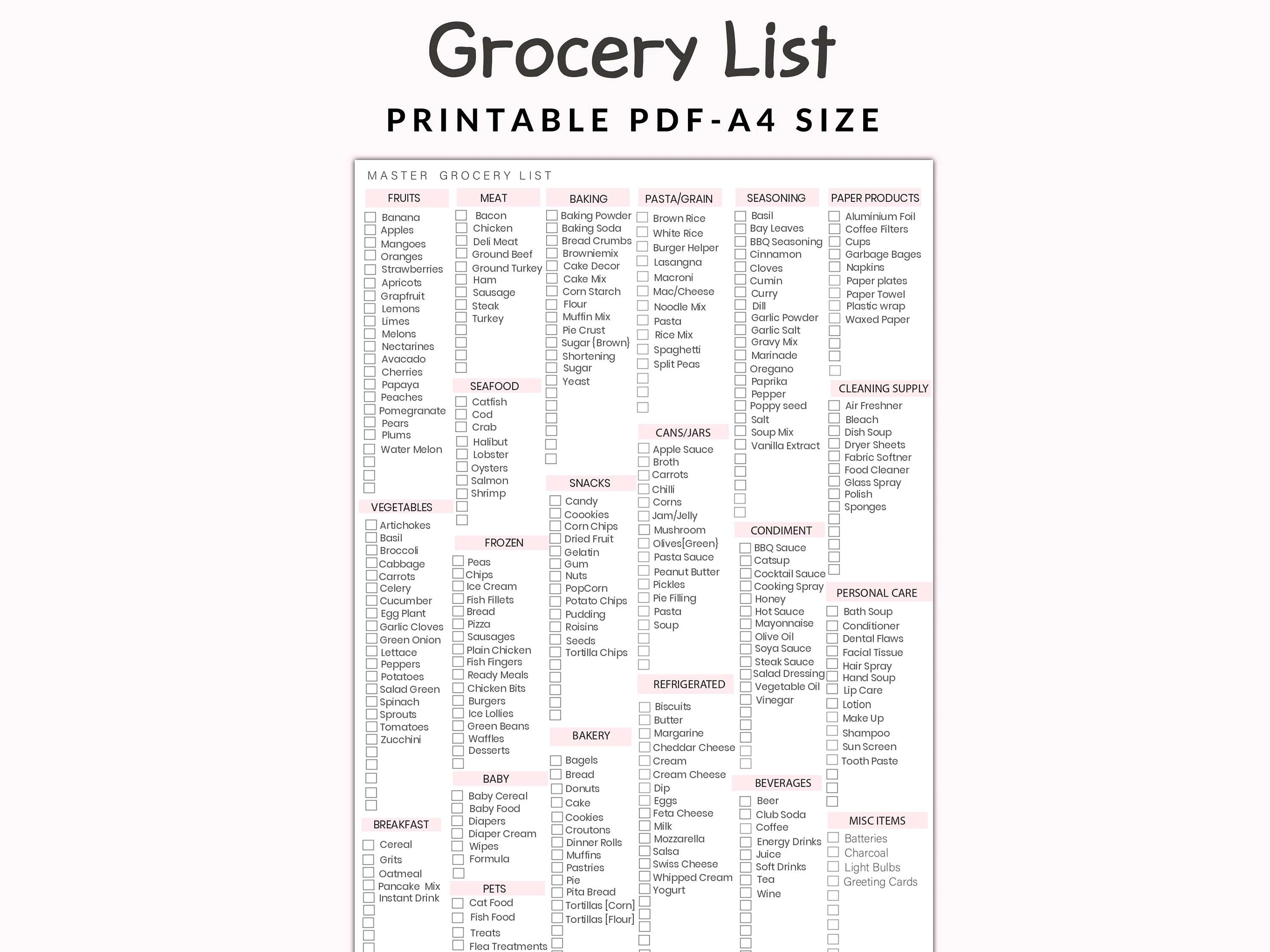 Printable Master Grocery Checklist Digitally Editable Grocery List