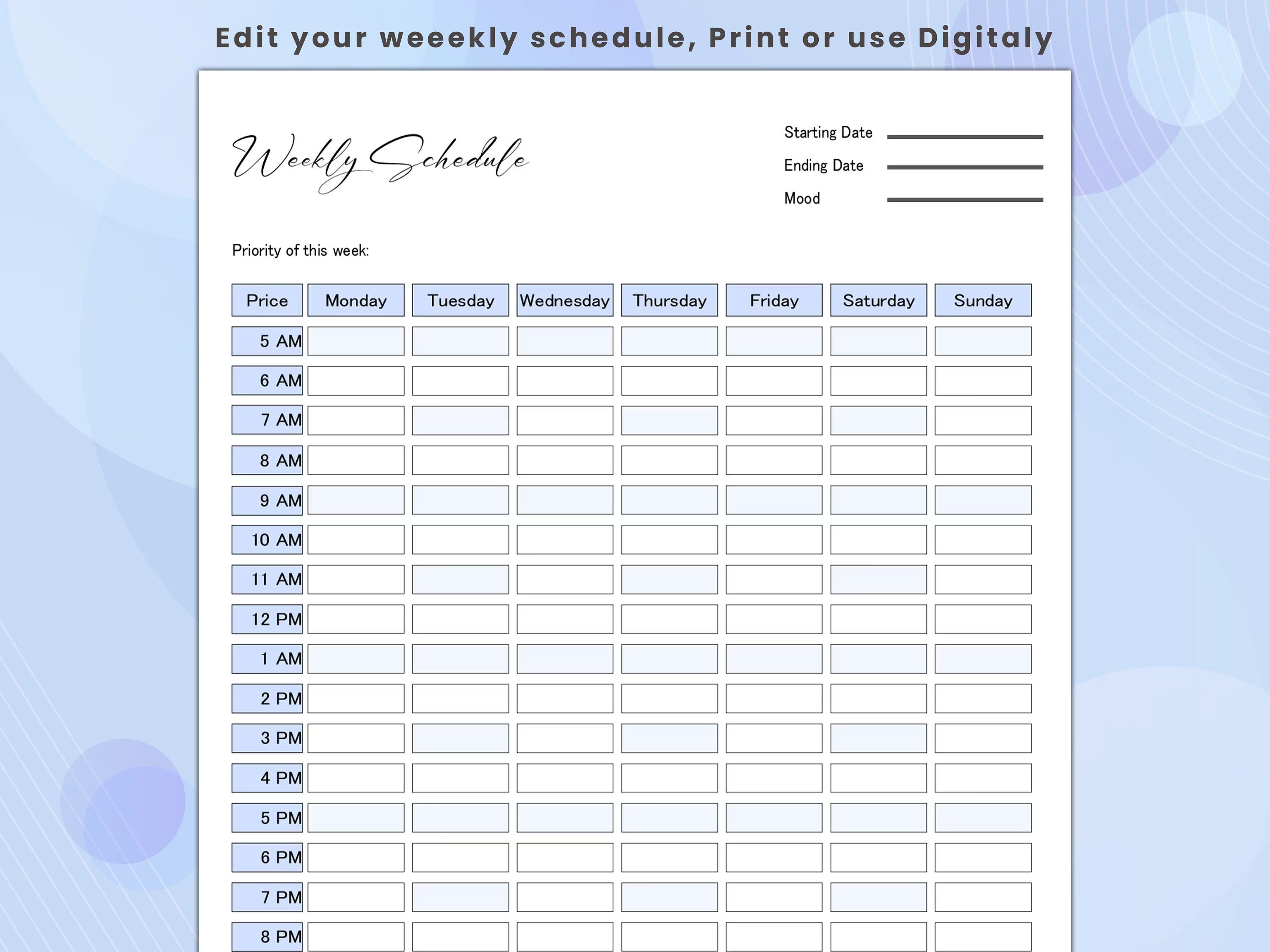 Editable Weekly Schedule, Weekly Schedule Template, Weekly Schedule ...