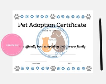 Pet Adoption Certificate, Letter Size Printable Instant Download PDF ...