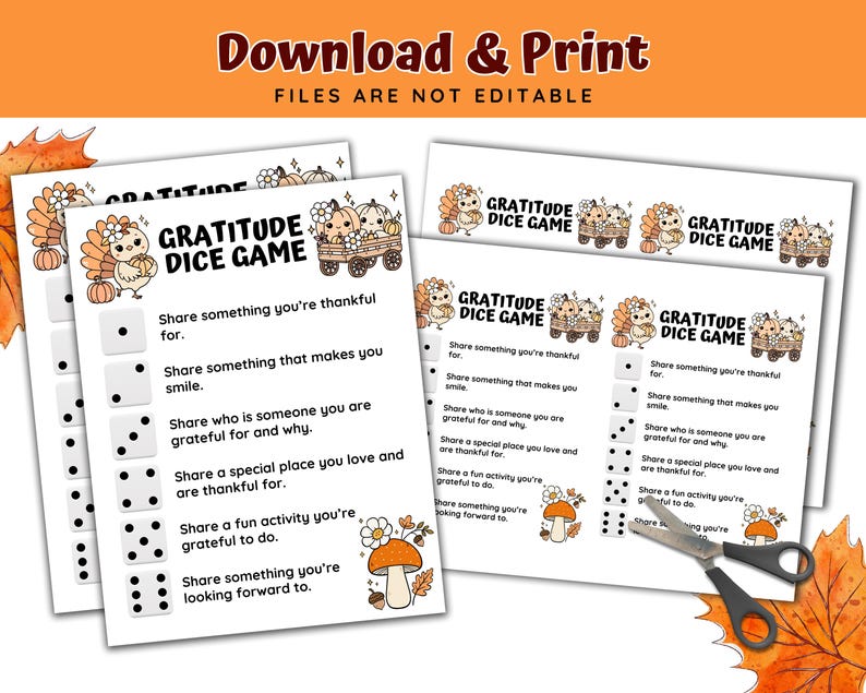 Gratitude Dice Game Printable | Thanksgiving Activity for Kids | Fall ...
