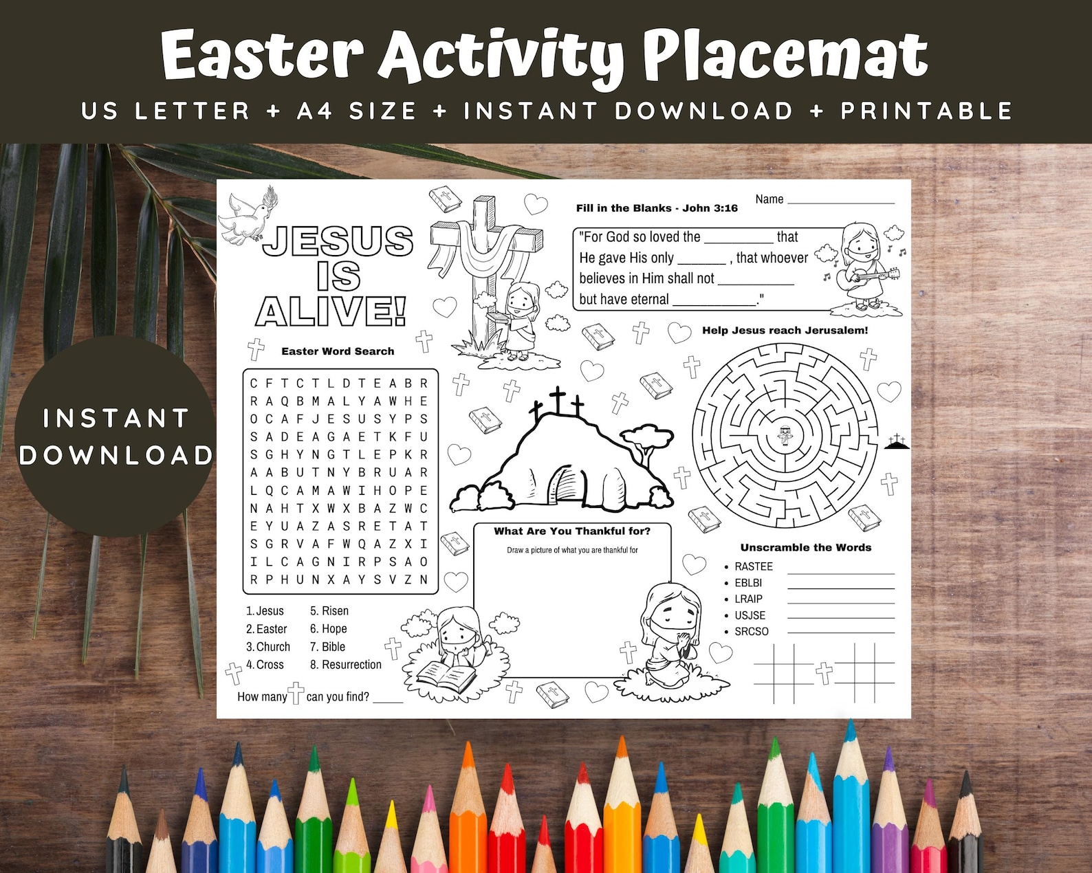 Jesus is Alive Activity Page Printable | Easter Bible Activity Placemat ...