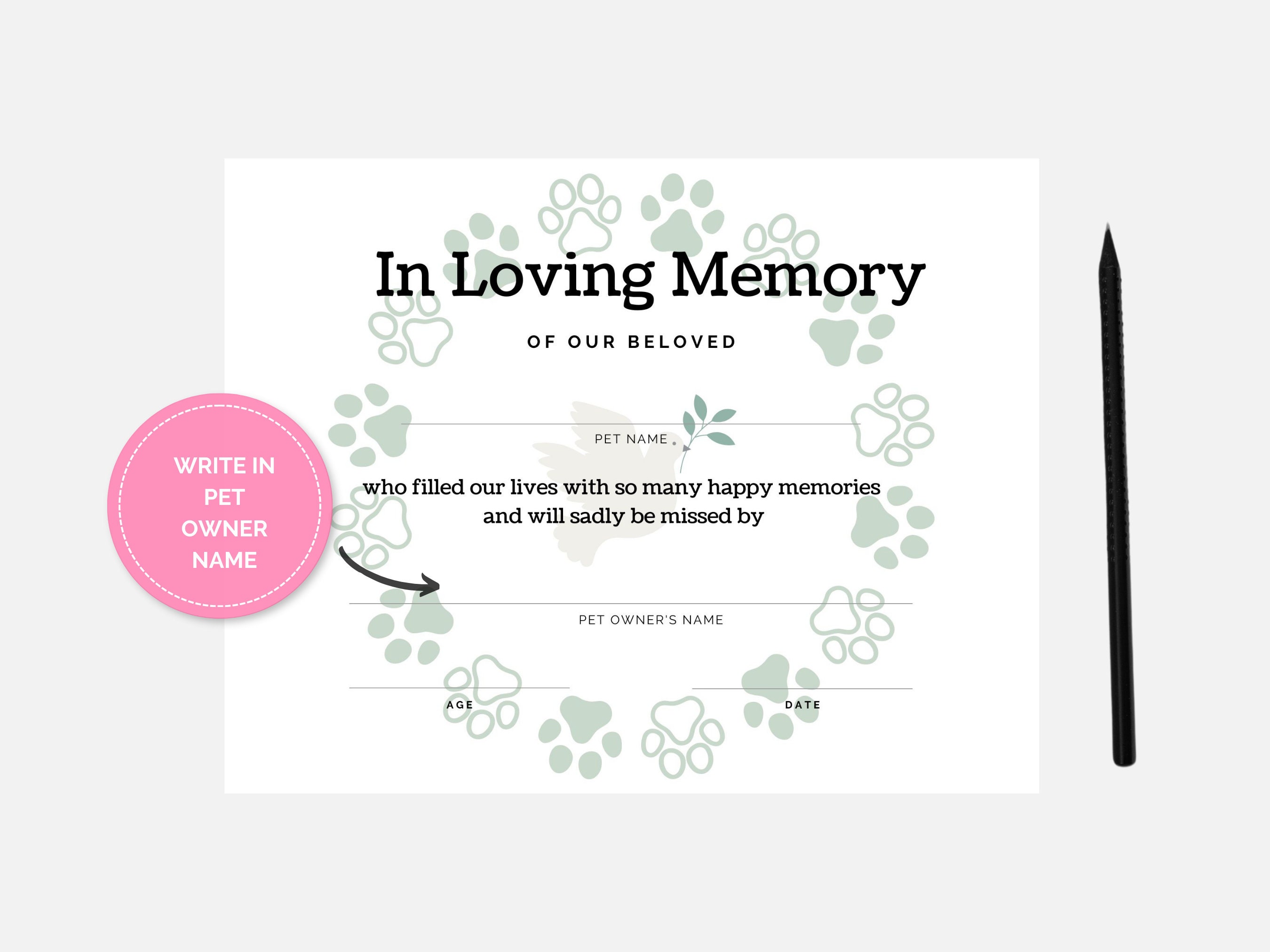 Pet Memorial Certificate Pet Memorial Green Paws Certificate Letter ...