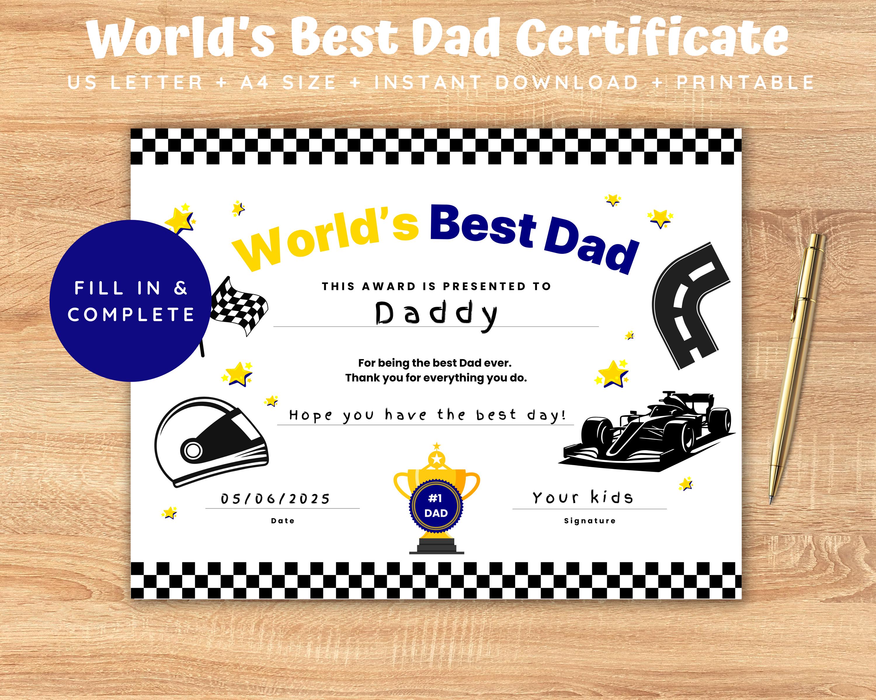 World's Best Dad Certificate Printable | Fathers Day Gift for Dad ...