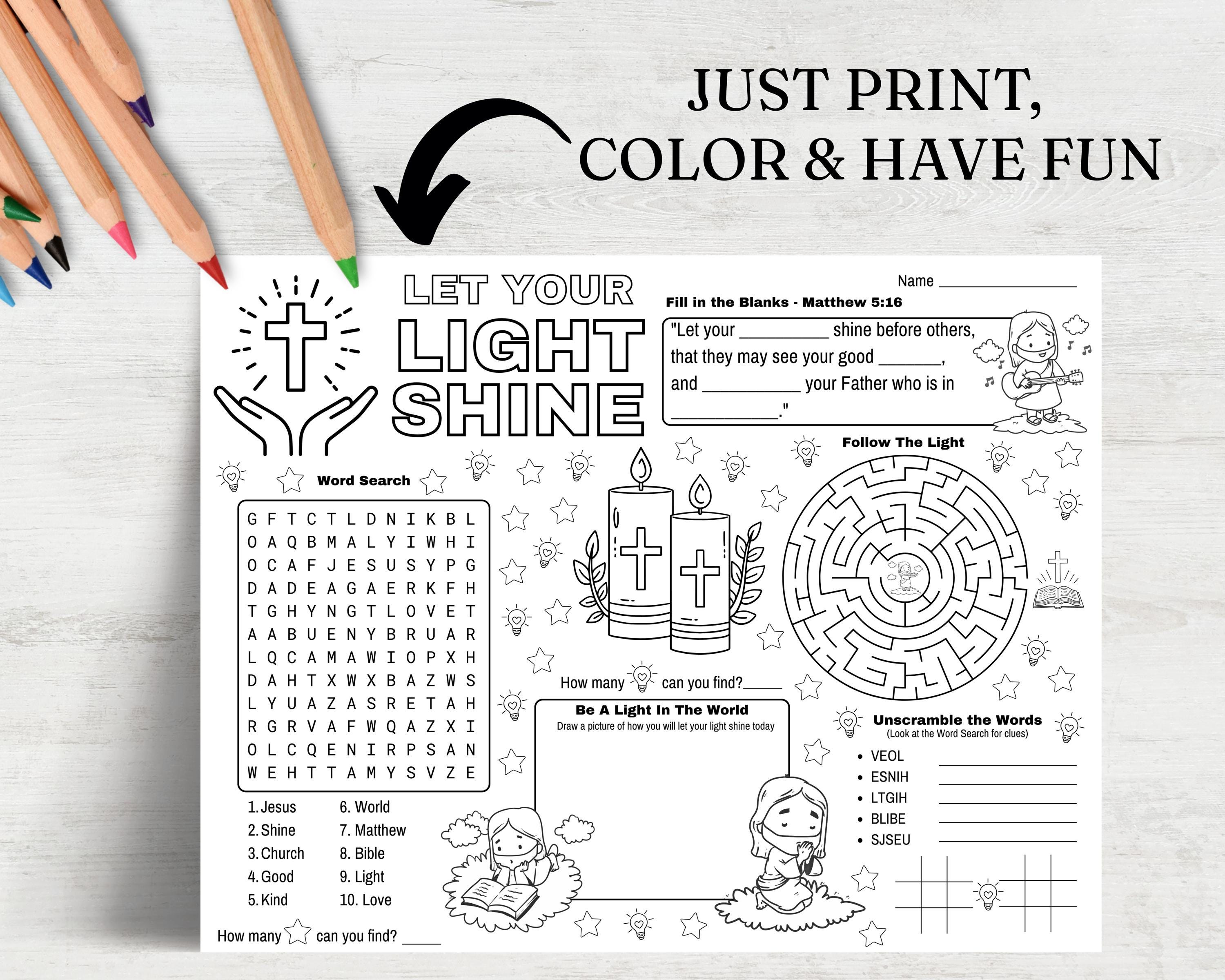 Let Your Light Shine Activity Bundle, Christian Kids Activity Page ...