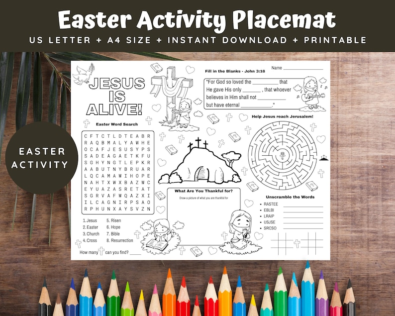 Jesus is Alive Activity Page Printable | Easter Bible Activity Placemat ...