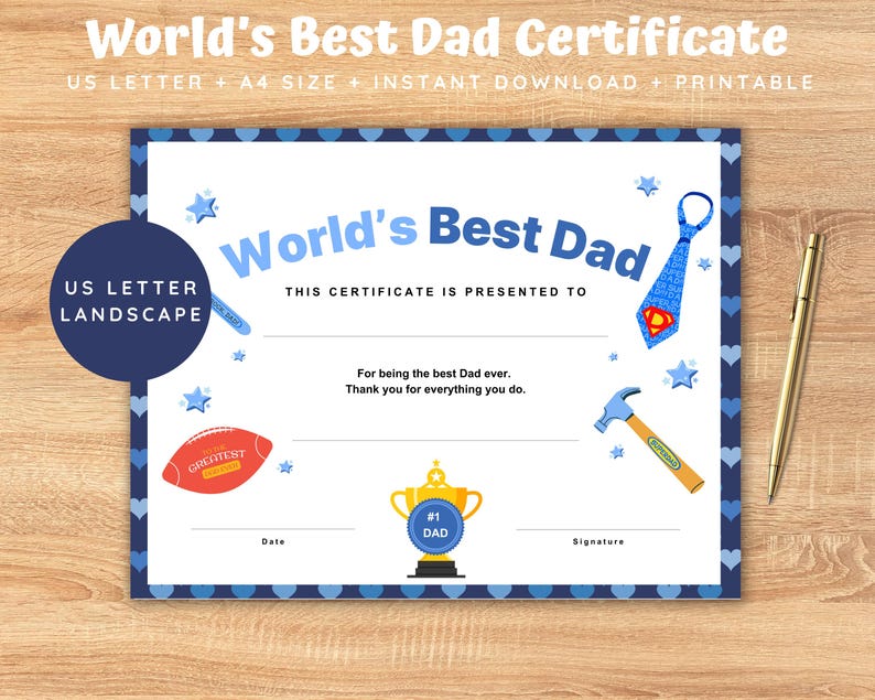 World's Best Dad Certificate Printable | Fathers Day Gift for Dad ...