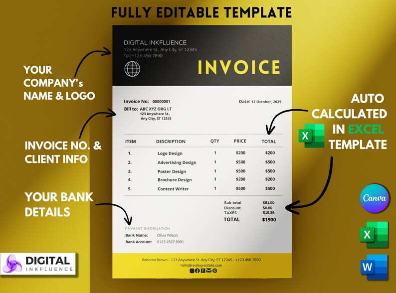 INVOICE TEMPLATE for Contractor Invoice for Small Business Invoice ...
