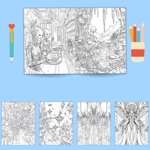40 Sci-fi Theme Coloring Pages Kids and Adult Coloring Book, Grayscale ...
