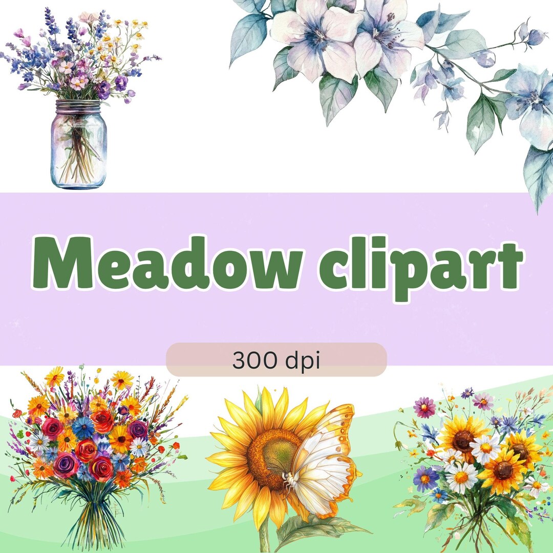 200 Meadow Watercolor Clipart Bundle, Summer Floral Clipart, Meadow ...