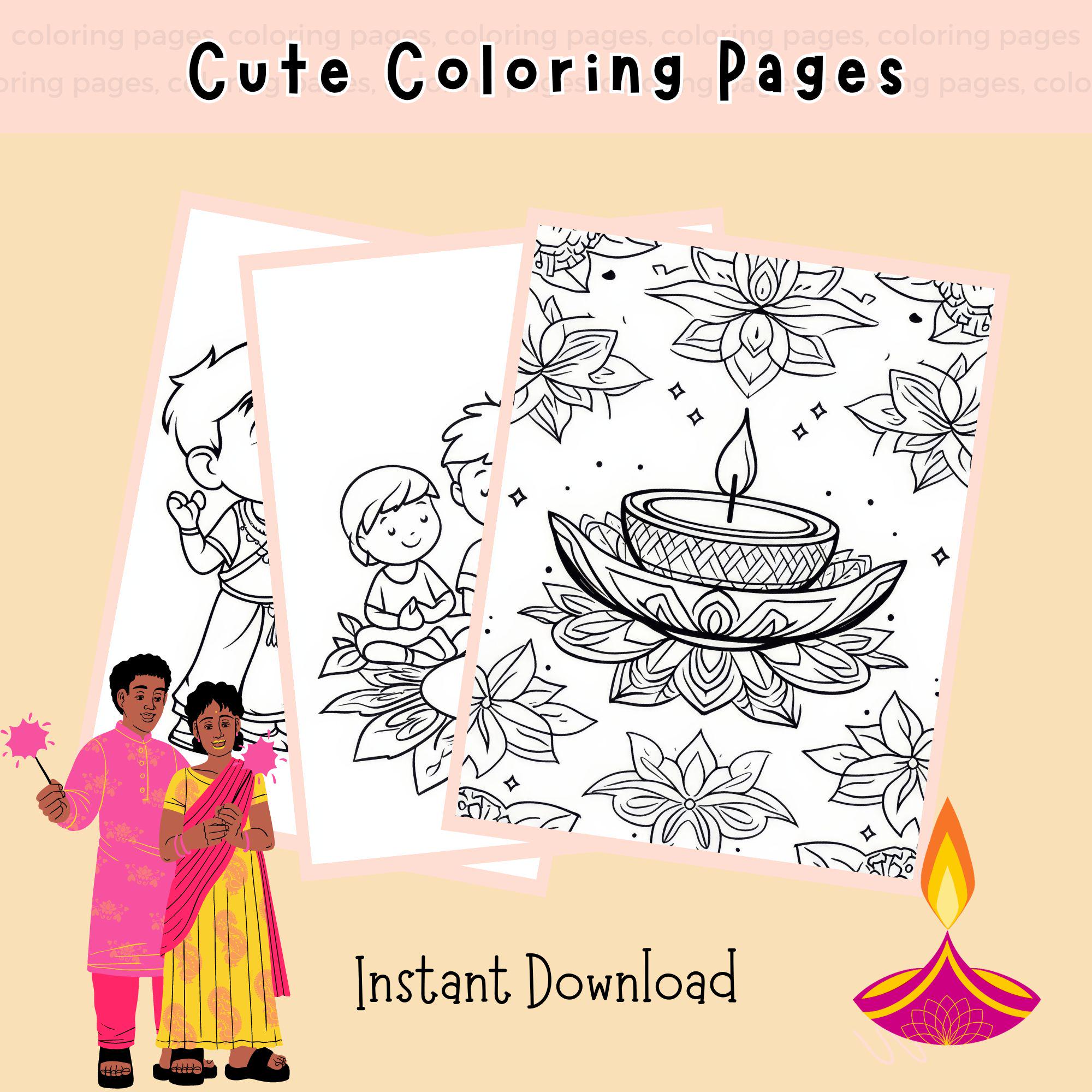 Adorable Diwali Coloring Pages for Kids, Printable Diwali Activity ...