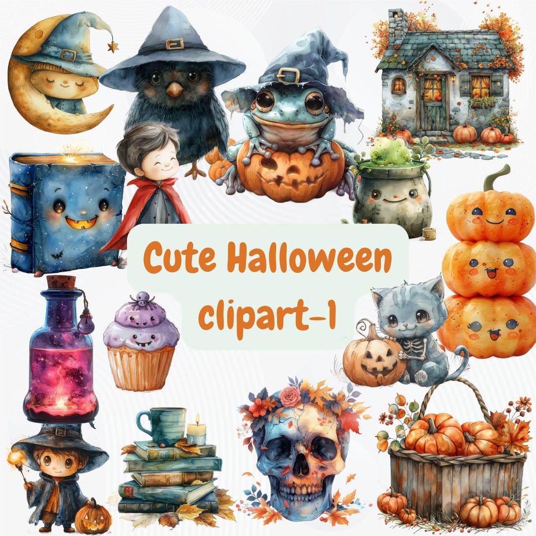 Cute Halloween Clipart Bundle – 50 Watercolor Pngs ,adorable Spooky ...