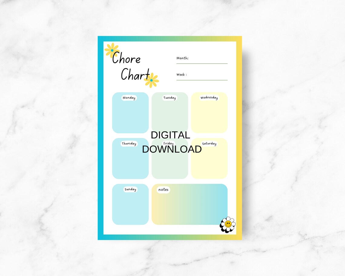 Chore Chart, Chore Chart for Kids, Digital Planner, Undated Printable ...