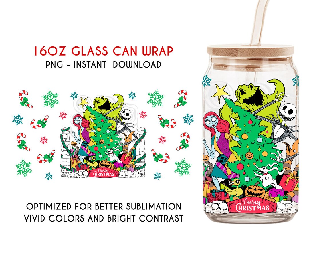 Christmas Can Glass Wrap, Cartoon Christmas 16oz, Libbey Glass Can ...