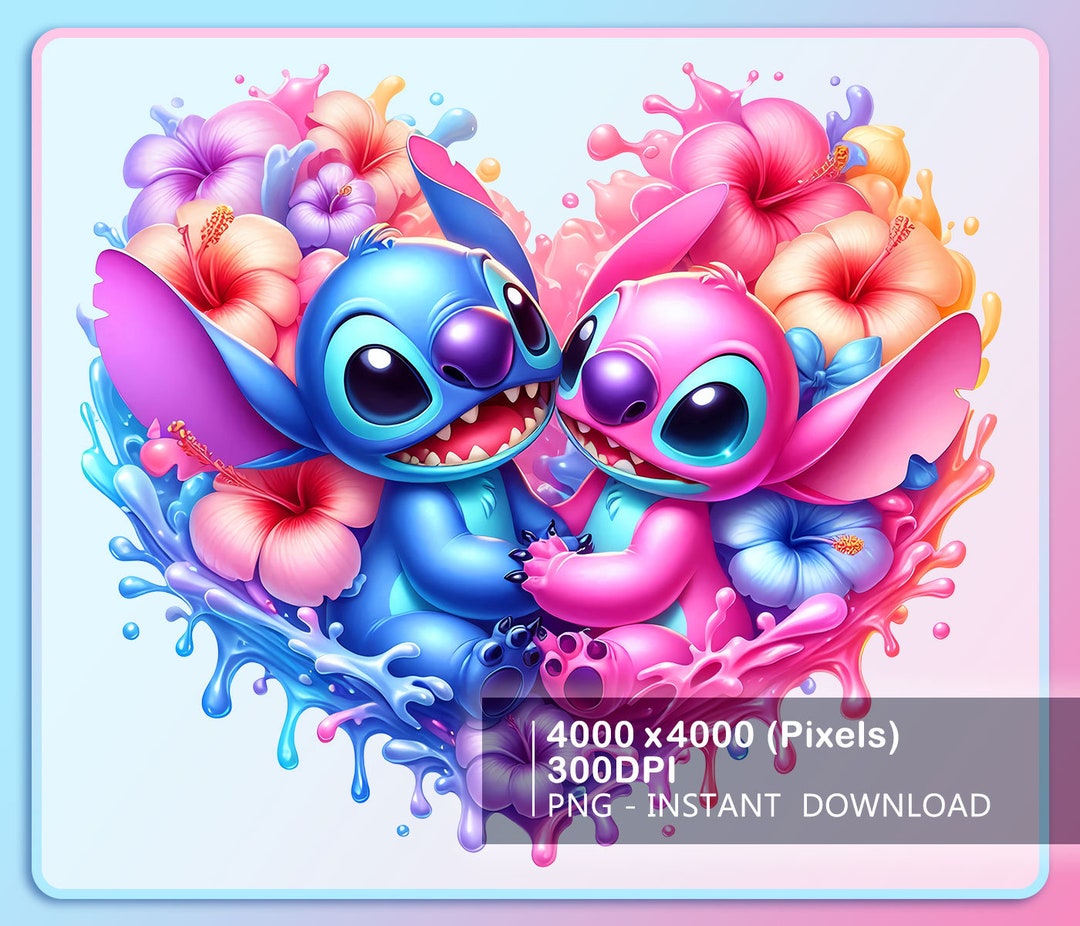 Stitch Angel Floral Love Heart Shape Png, Couple Design, Stitch ...