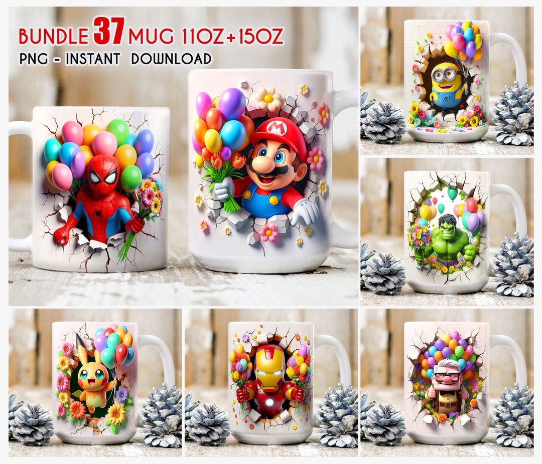 Bundle 3D Cartoon Characters Mug Wrap, 11oz 15oz Mug Wrap, 3D Cartoon ...