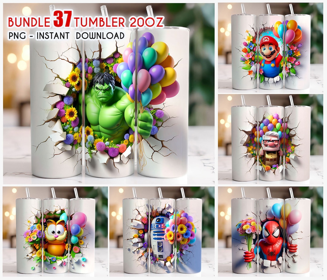 Bundle 3D Cartoon Characters Tumbler Wrap, 20oz Skinny Tumbler, 3D ...