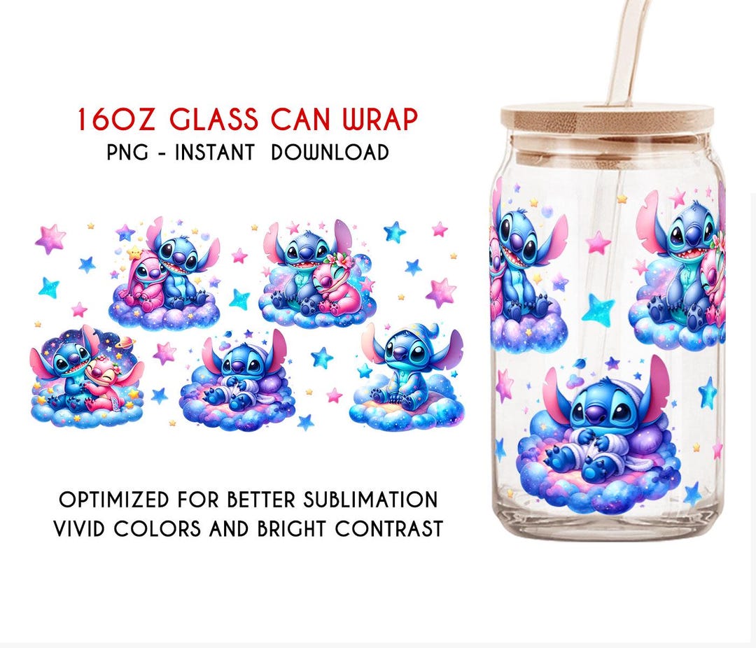 Stitch Can Glass Wrap, 16oz Libbey Glass Can, Can Glass Wrap, Cartoon ...