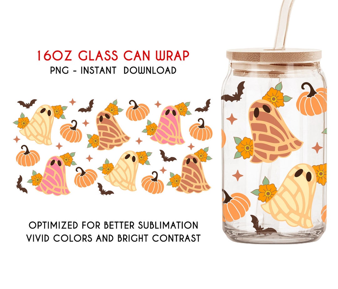 Spooky Conchas 16oz Libbey Glass Can, Pumpkins, Mexican Pan Dulce Ghost ...