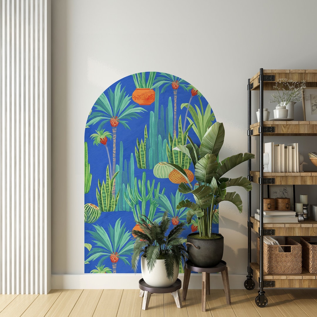 Tropical Blue Wall Decal, Exotic Plants Peel and Stick Arch Wallpaper ...