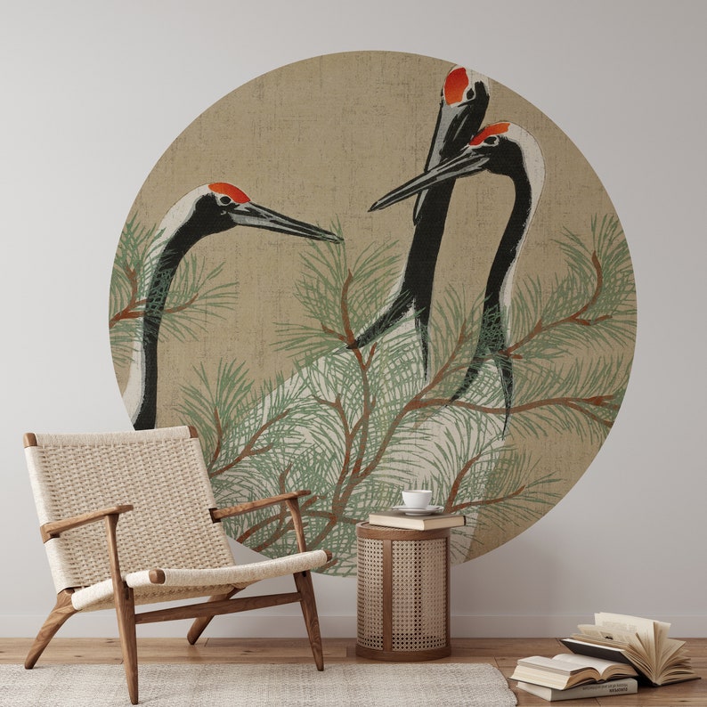 Crane Wallpaper Mural Circle Sticker, Removable Circle Decal, Room Wall ...