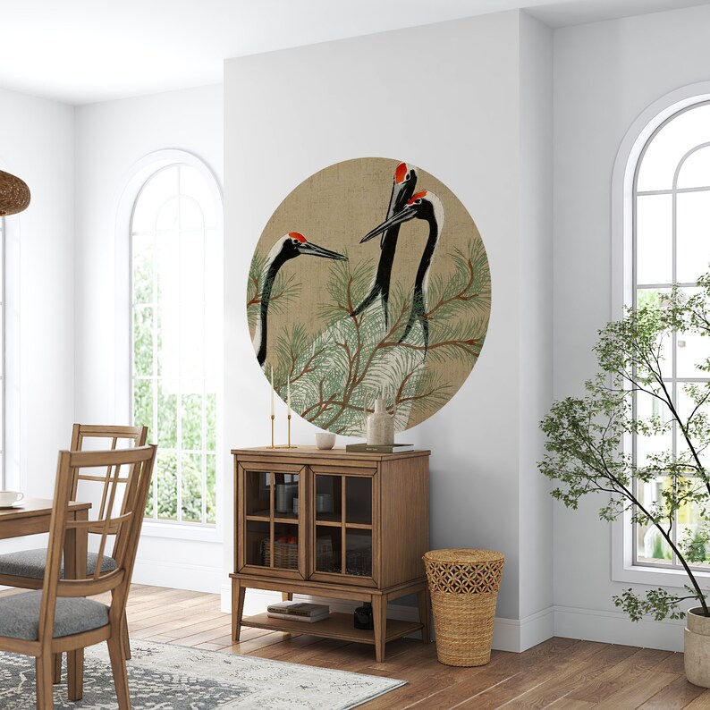 Crane Wallpaper Mural Circle Sticker, Removable Circle Decal, Room Wall ...